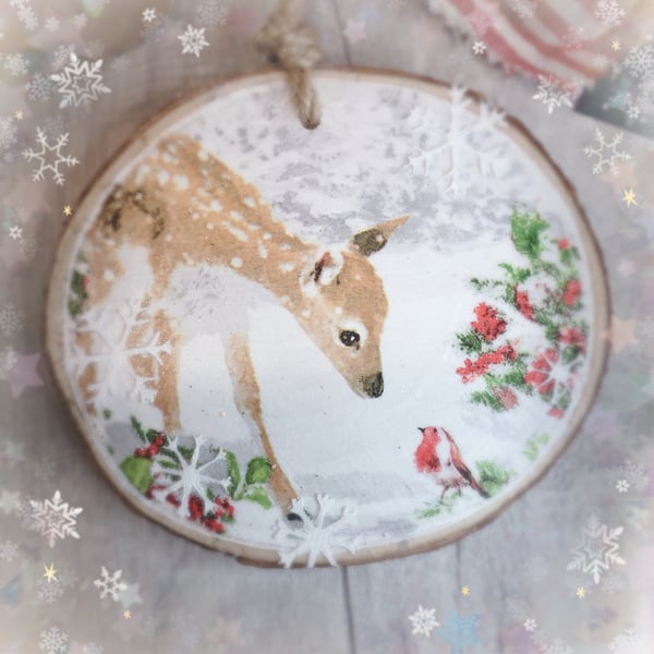 Christmas Deer rustic log slice tree decoration - Folksy