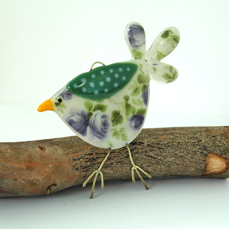 Rose Pattern Fused Glass Bird Decoration - Folksy