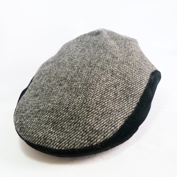Tweed and Velvet Flat Cap - Black and Grey - Folksy