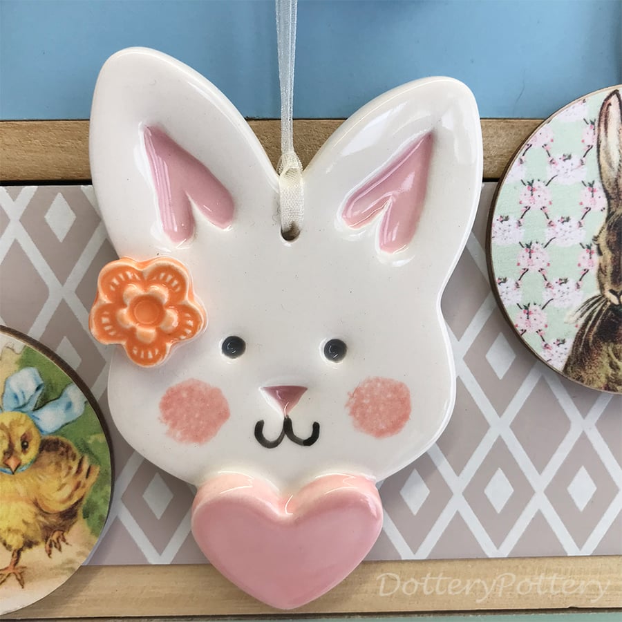 Ceramic Easter Bunny decoration with orange flower - Folksy