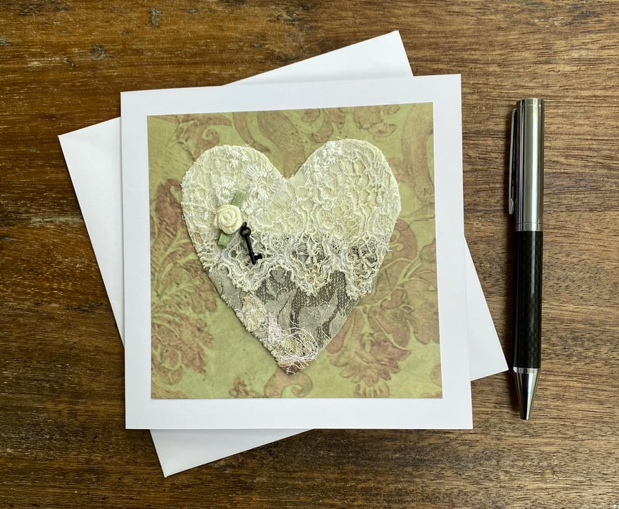 Up-cycled vintage lace embroidered heart card. - Folksy