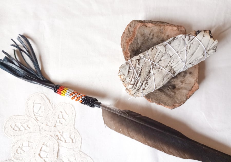 Prayer feather -Beaded Crow fan for spiritual p... - Folksy