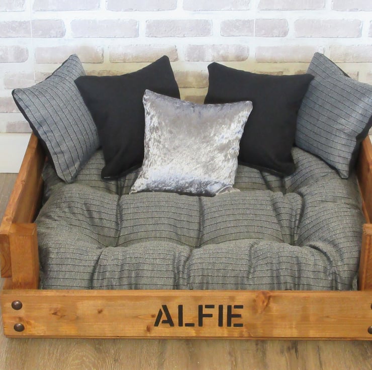 Large Personalised Wooden Rustic Dog Bed Comple... - Folksy