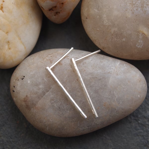 Sterling Silver Earrings - Hammered Rod Stud Ea... - Folksy
