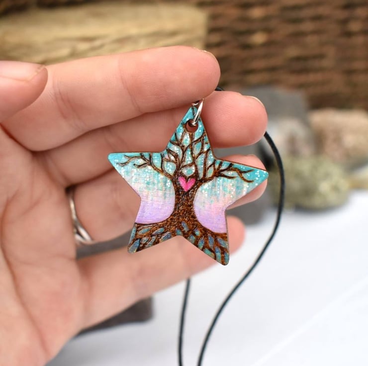 Pastel blossom tree, pyrography star pendant, t... - Folksy