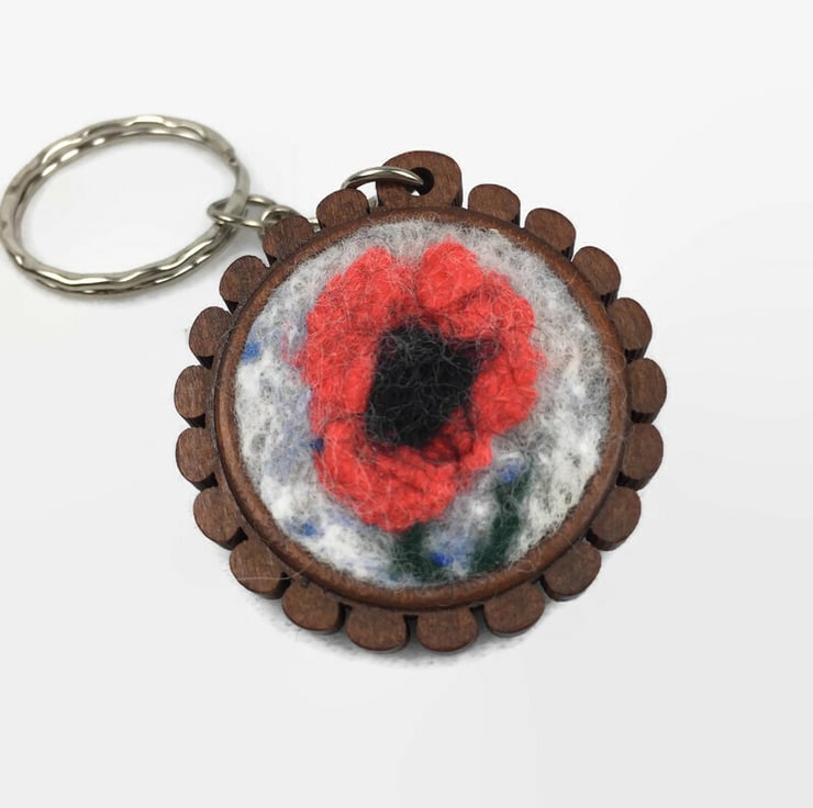 Felted poppy keyring - single poppy on pale blu... - Folksy