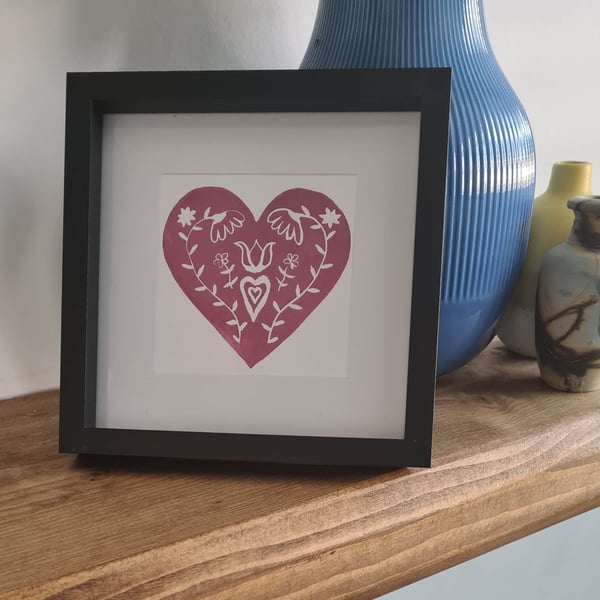 Framed scandi pink heart handprinted linocut gi... - Folksy