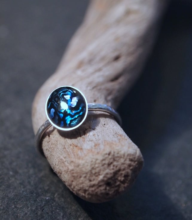 Sterling Silver Ring with Blue Paua Shell - Folksy