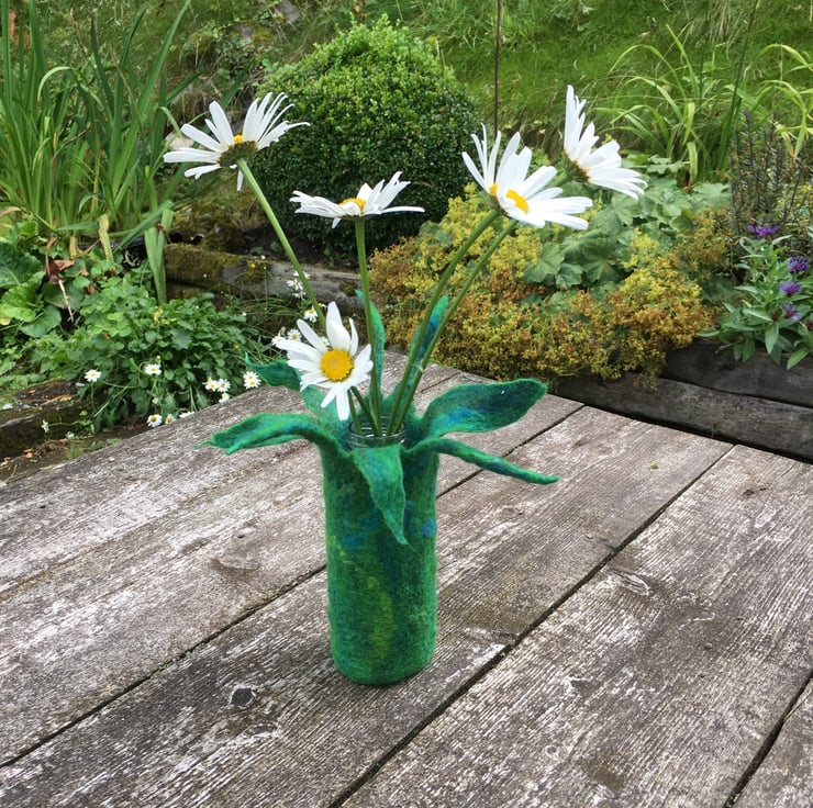 Felted vase with bottle insert in shades of blu... - Folksy