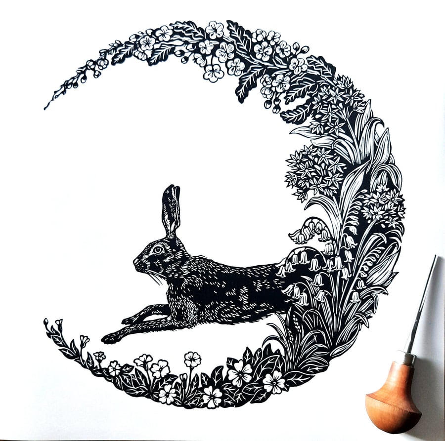 Hare Moon - limited edition lino print of sprin... - Folksy
