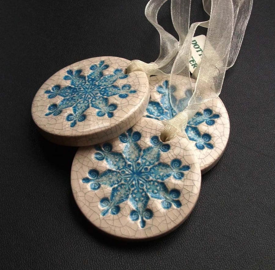 blue crackle ceramic snowflake decorations - Folksy