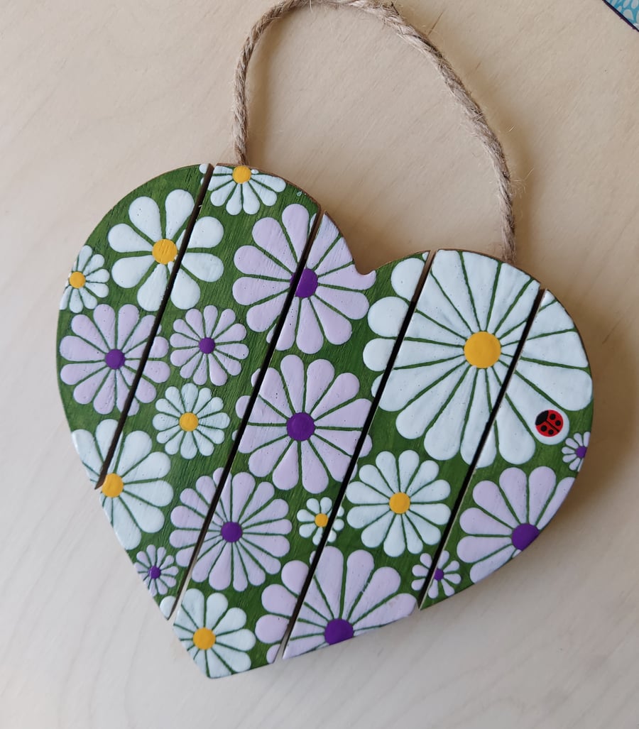 Wood Heart with Flowers Hanging Decoration - Folksy
