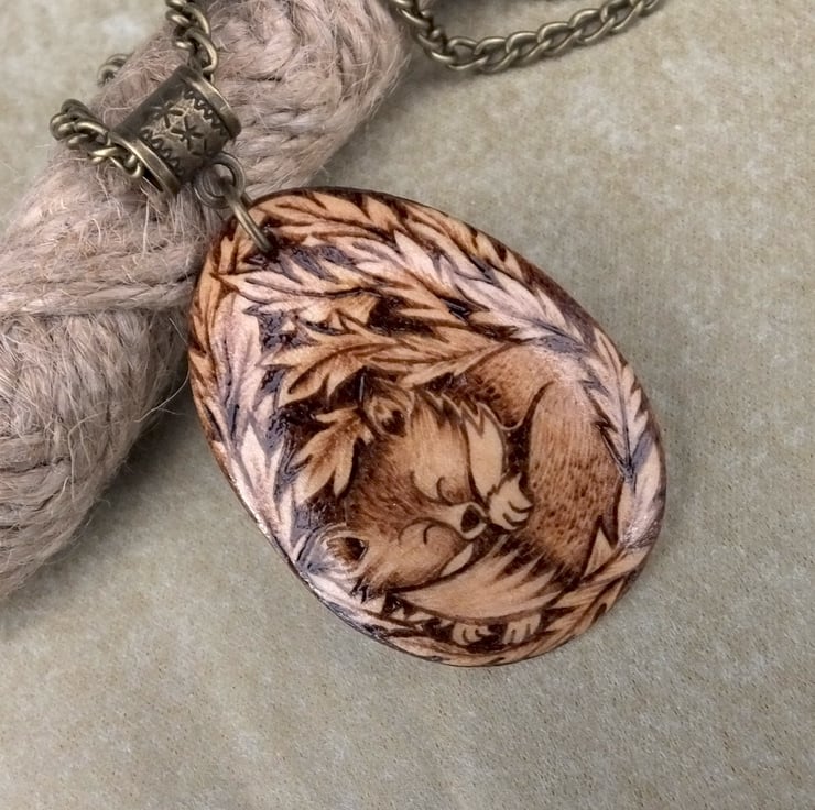 Fox in a bed of leaves, wooden pyrography teard... - Folksy