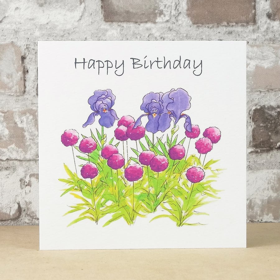 Birthday Card Iris and Allium Garden Eco Friendly - Folksy