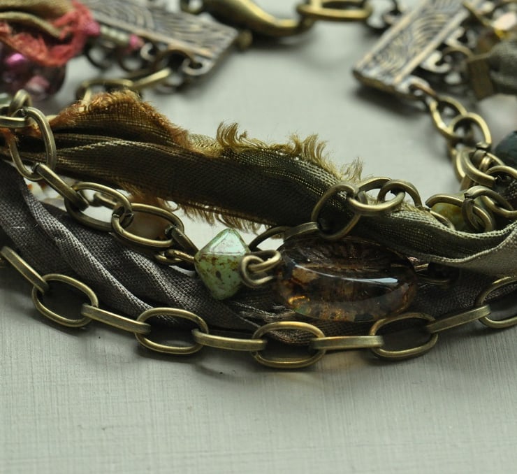 Boho Charm Bead, Ribbon & Chain Bracelet - Folksy