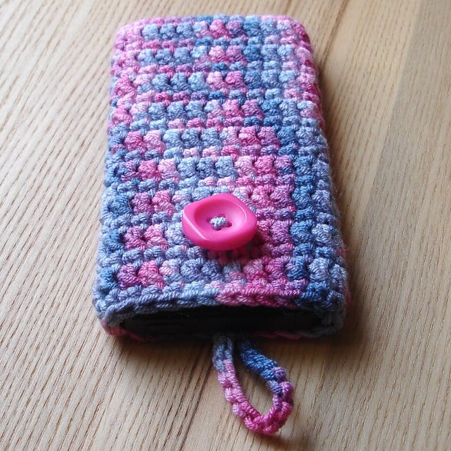Crochet Mobile Phone Cozy with Button in Blue a... - Folksy