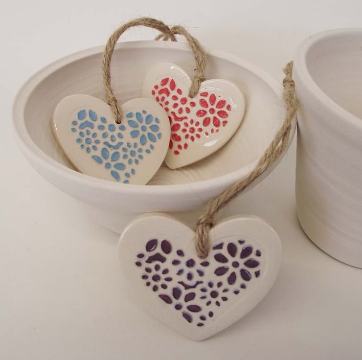 Ceramic Heart decorations set of three - Folksy