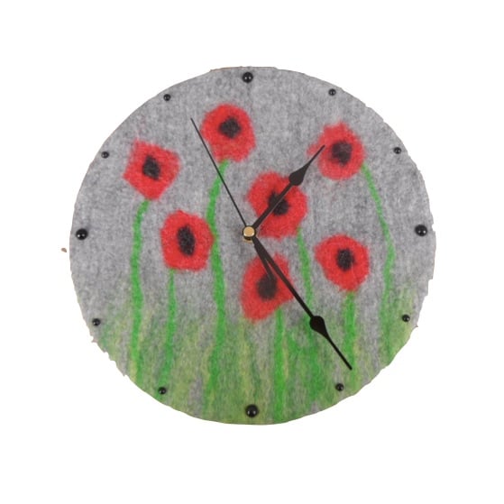 25cm felted wall clock with poppy design - Folksy