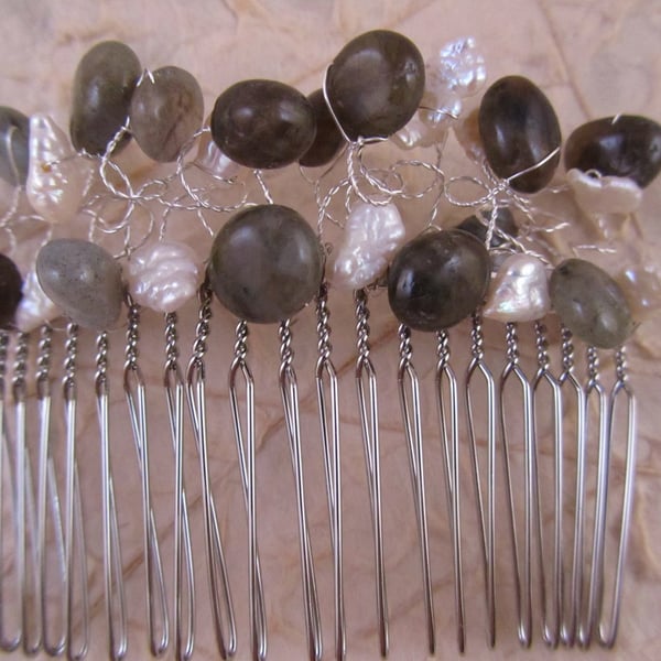 Grey Labradorite and White Pearl Hair Comb - Folksy