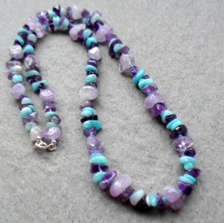 Amethyst and amazonite Beaded Necklace Sterling... - Folksy