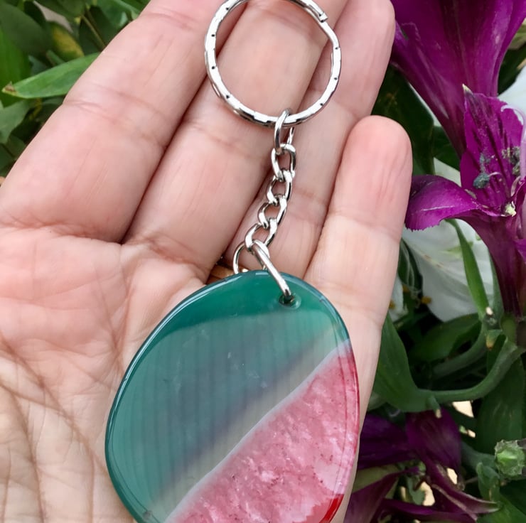 Watermelon Agate Oval Gemstone Keyring or Handb... - Folksy