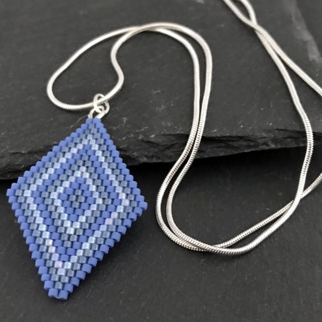 Shades of Blue Beaded Diamond Shaped Pendant - Folksy