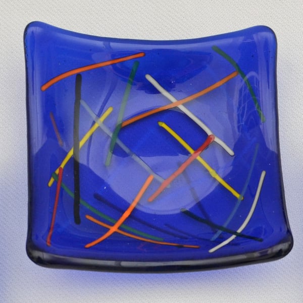 Glass square small dish, blue with colour pattern - Folksy