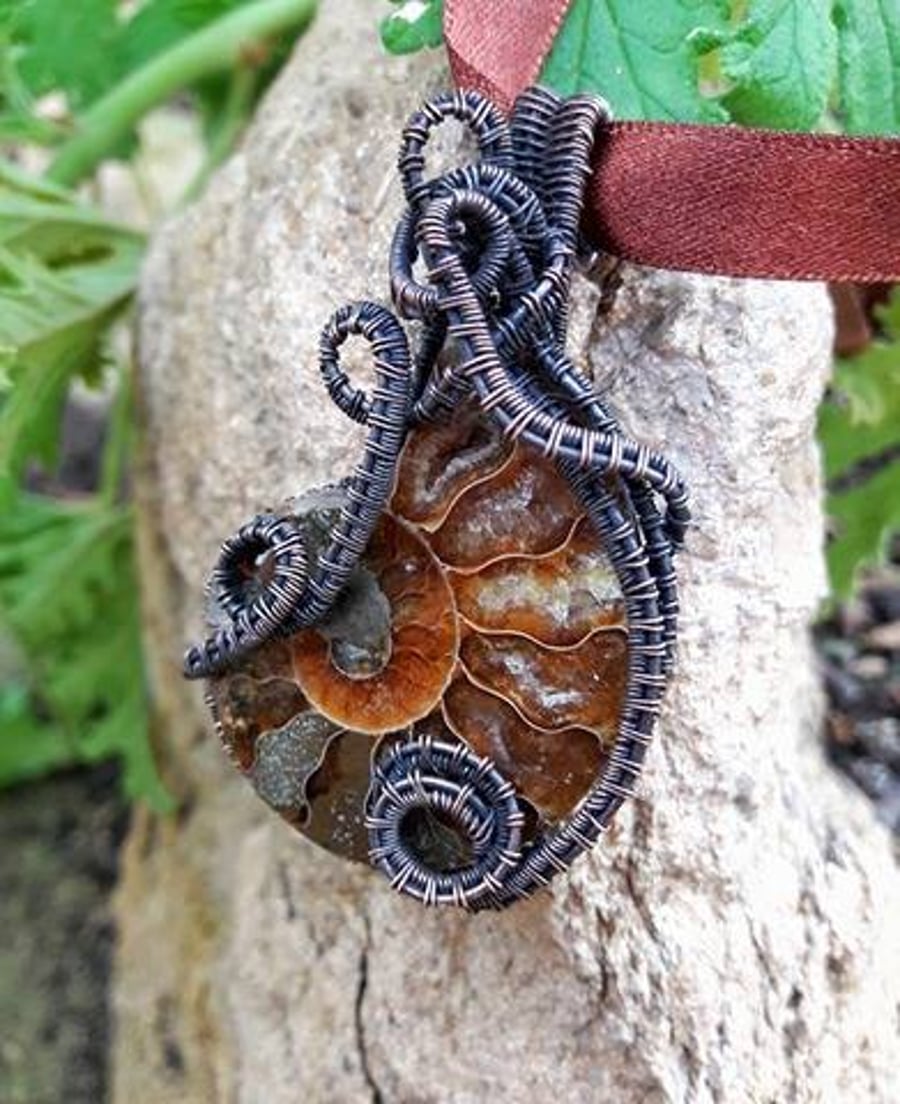 Wire wrapped Ammonite Fossil Necklace - Folksy