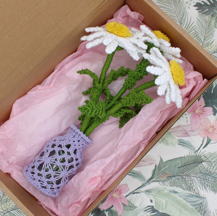 Vase of Macrame daisy flowers - textile flowers... - Folksy
