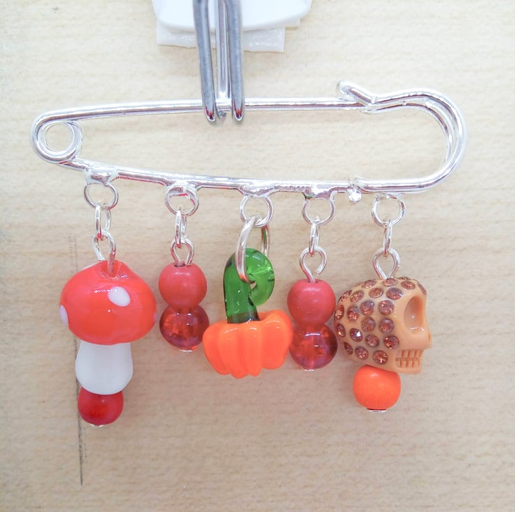 Kilt Pin with Toadstool Skull & Pumpkin Cha... - Folksy