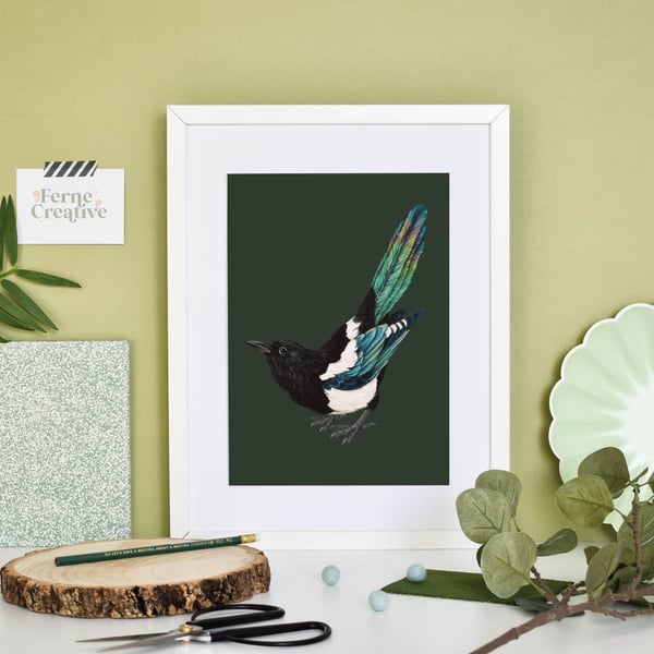 Magpie Illustration, A4 print, Bird decor, Goth... - Folksy