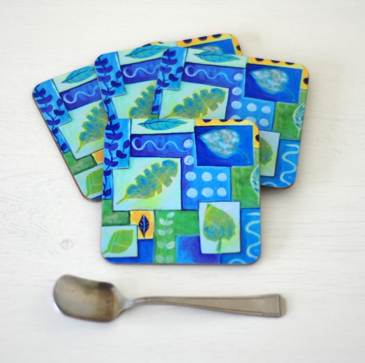 Blue Green Artist Coasters, Abstract Art Coaste... - Folksy