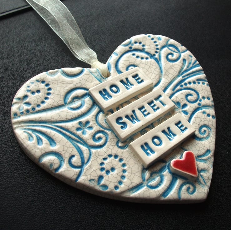 Blue ceramic heart decoration Home Sweet Home - Folksy