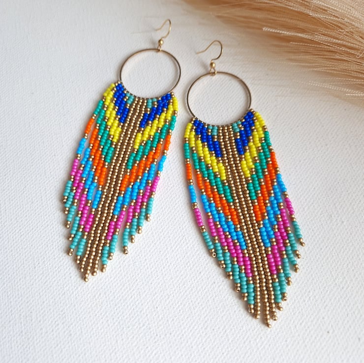 Colourful beaded dangle earrings, long seed bea... - Folksy