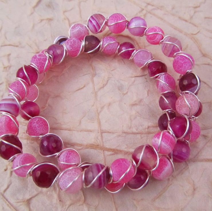 Pink Agate Wire Wrapped Memory Wire Bracelet - Folksy