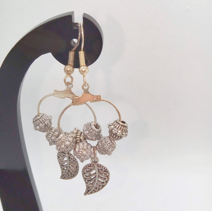 Silver Saturn Spacer and Leaf Charm Earrings fo... - Folksy