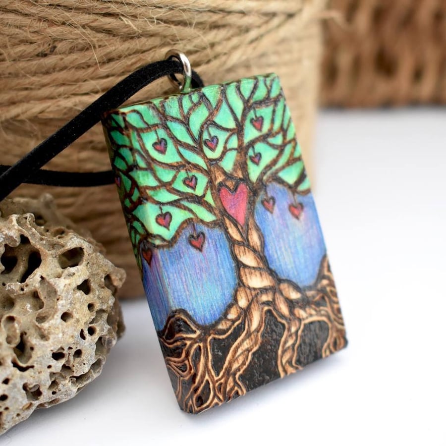 The love tree, chunky wooden pyrography pendant... - Folksy