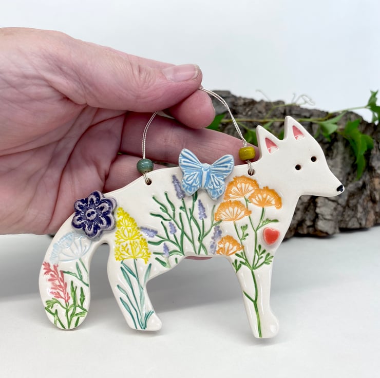 Ceramic fox decoration blue butterfly - Folksy