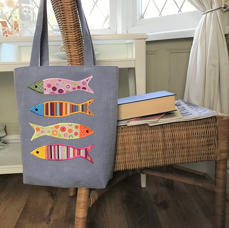 Fish tote bag in blue with four colourful circl... - Folksy