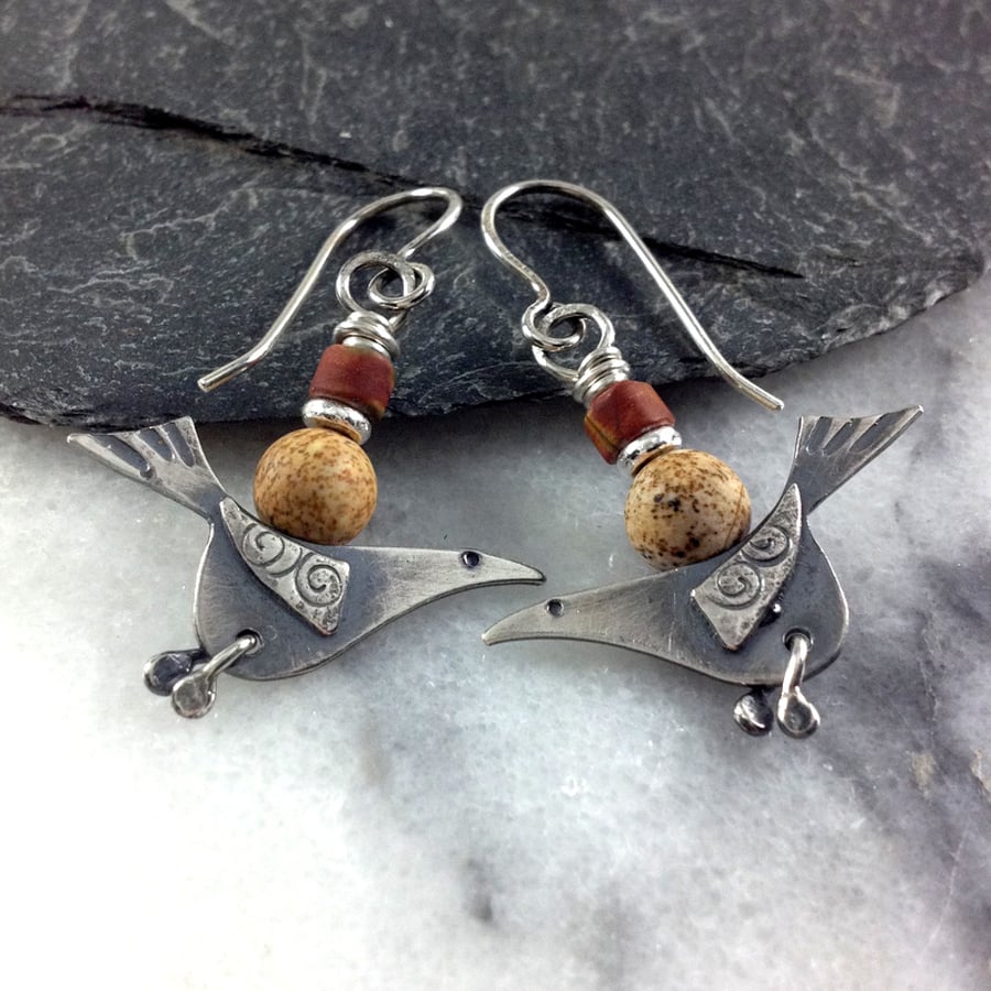 silver song bird earrings with jasper. - Folksy
