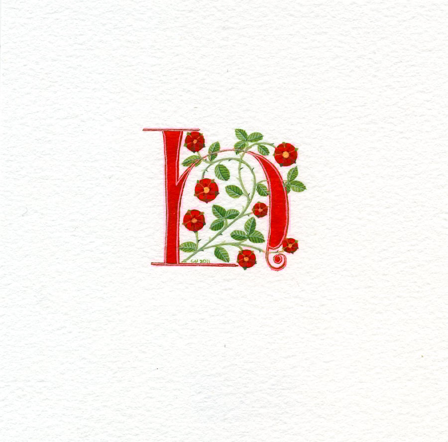 Initial letter in red with roses custom letter. - Folksy