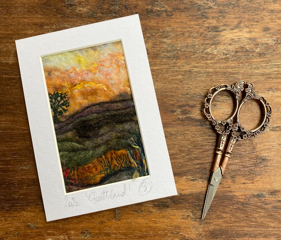 Embroidered wet felting sunset moorland landsca... - Folksy