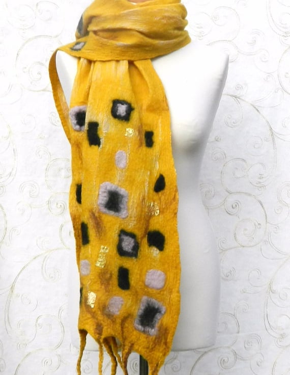 Yellow Gold Scarf Shawl Wrap Silk and Wool Felt... - Folksy