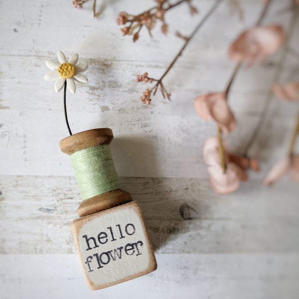 Clay Flower on a Teeny Vintage Bobbin 'hello fl... - Folksy
