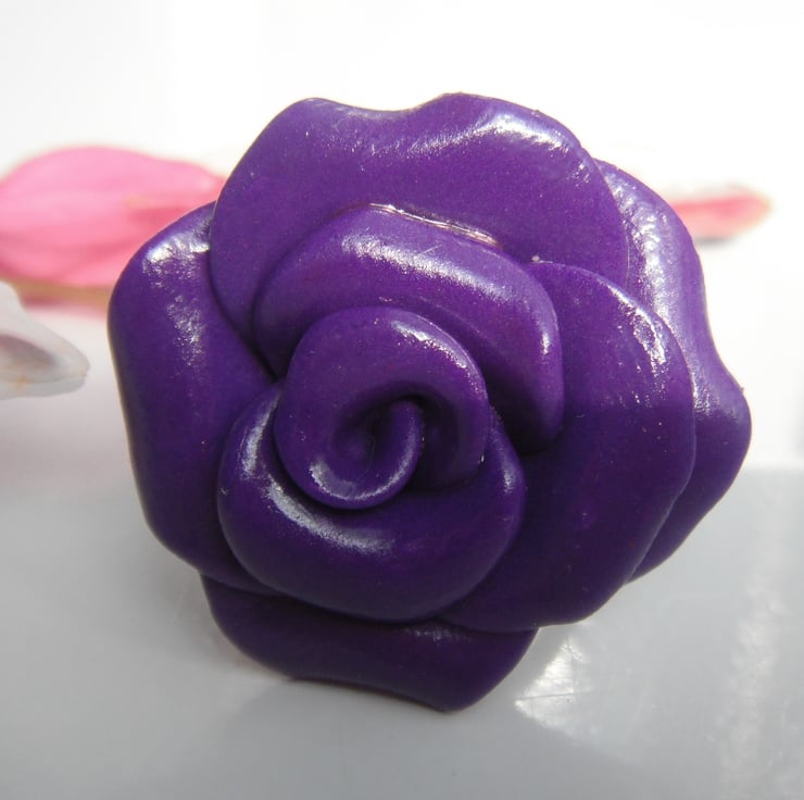 Large Purple Fimo Rose Ring - Folksy