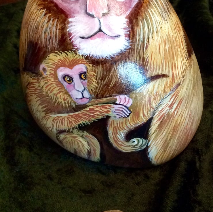 Monkey and baby hand painted on rock pebble stone - Folksy