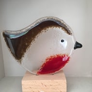 Handmade Fused glass robin with oak base - Folksy