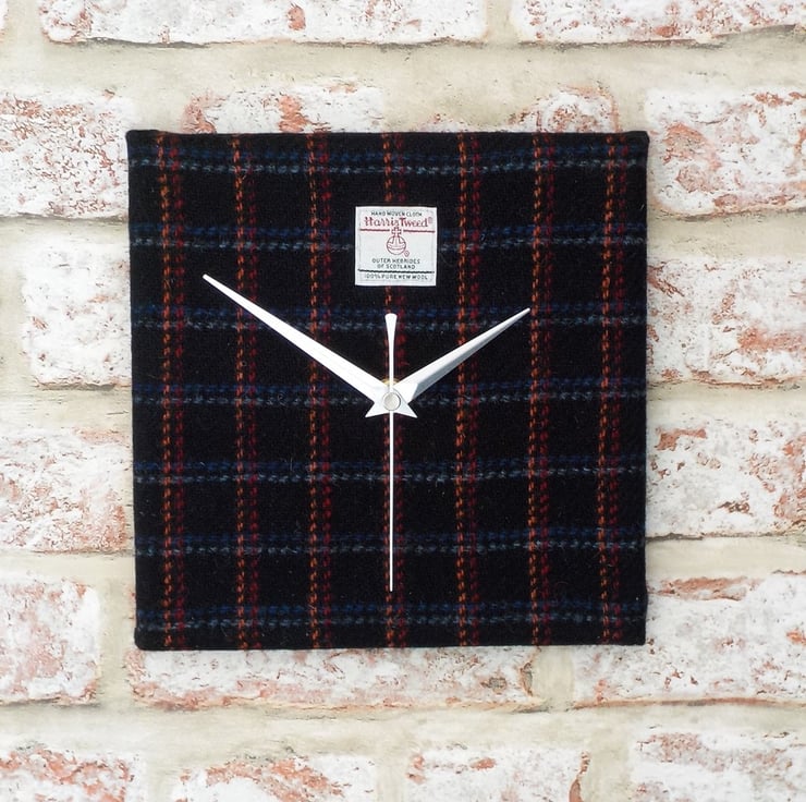 Harris Tweed square clock black fabric wall clo... - Folksy