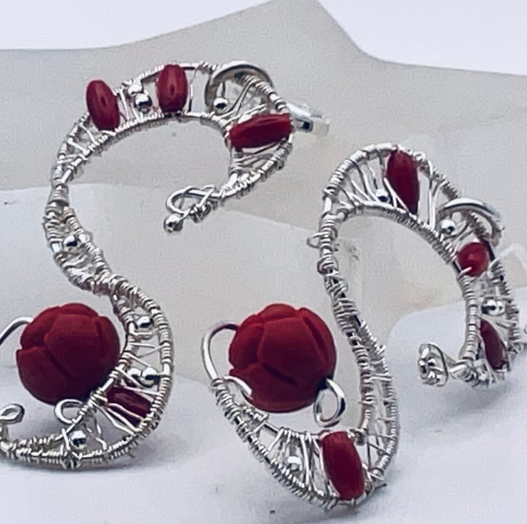 Statement S shaped earrings in carved red gemst... - Folksy