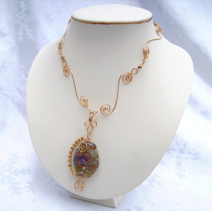Ocean Gold Wire Work Lampwork Pendant - Folksy